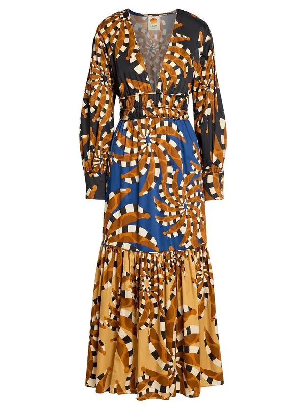 Farm Rio Ruched Printed Cotton-blend Poplin Maxi Dress - Tan