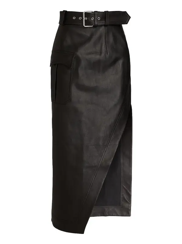 Alexander McQueen Belted Leather Midi Skirt - Black