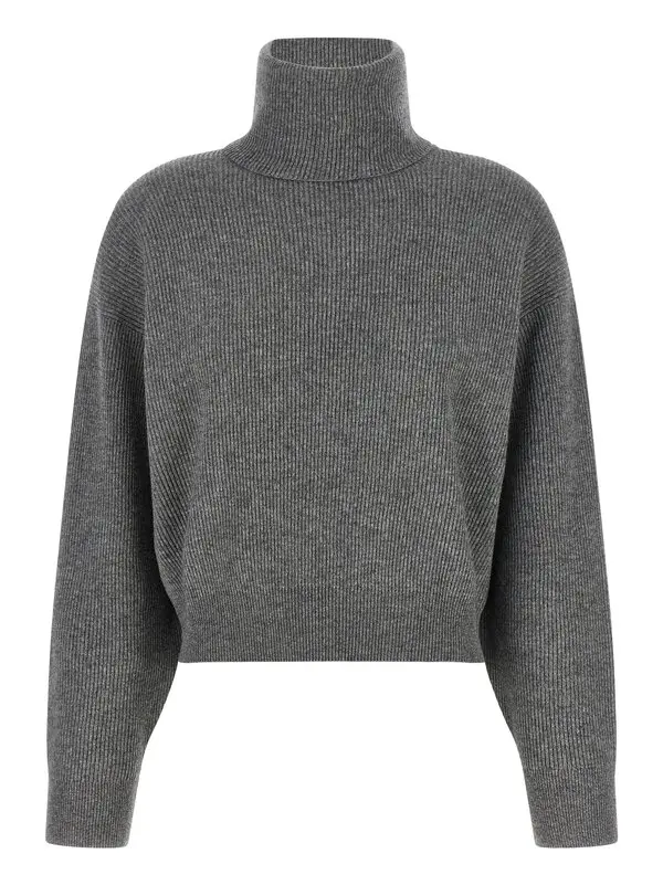 Brunello Cucinelli English Ribbed Turtleneck Cropped Sweater - Gray