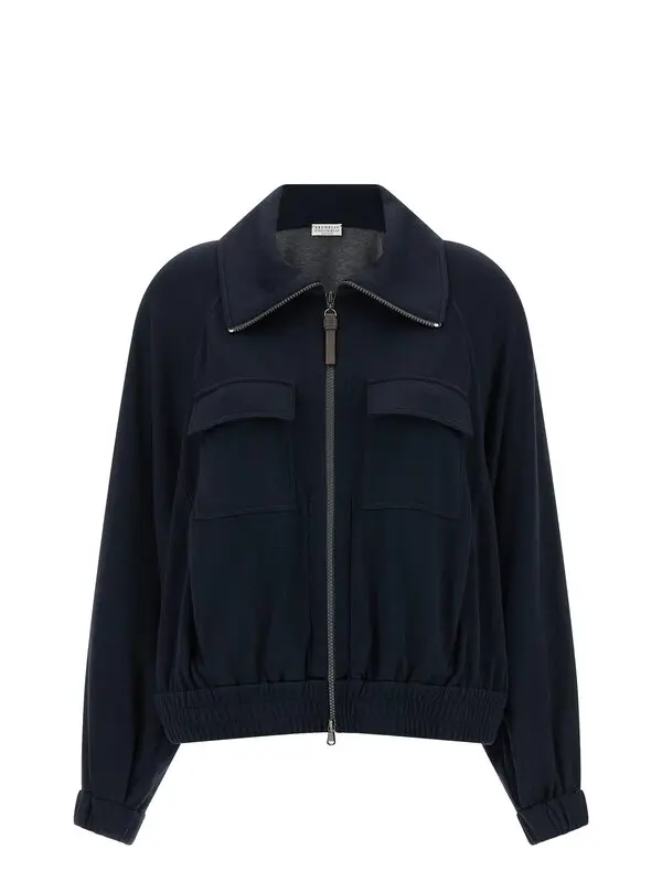 Brunello Cucinelli Cotton And Silk Interlock Sweatshirt With Shiny Zipper Pull - Blue