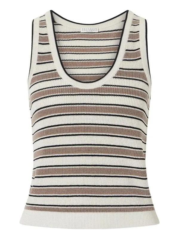Brunello Cucinelli Striped Cotton-blend Scoop Neck Top - Neutrals