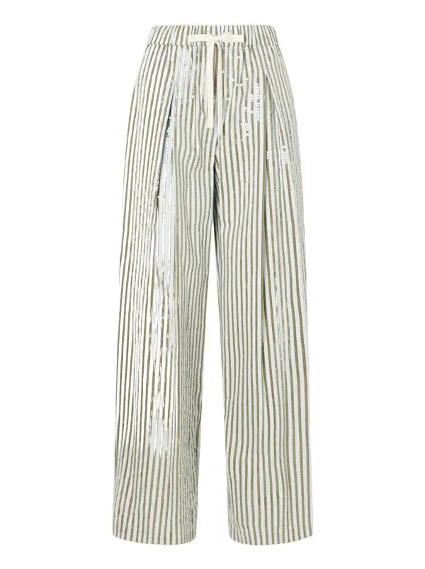 TWP Sequin-trimmed Striped Cotton-blend Wide-leg Drawstring Pants - Multi
