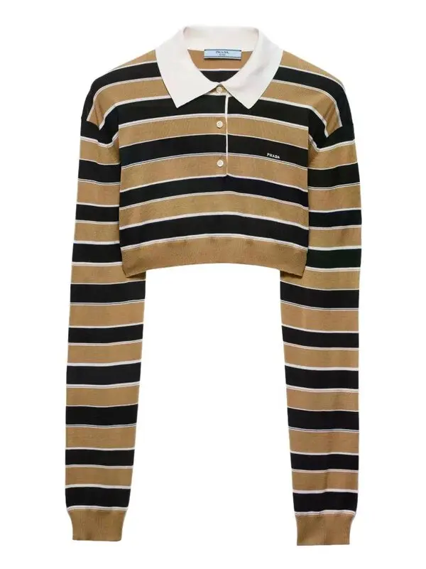 Prada Cropped Striped Silk Polo Shirt - Neutrals