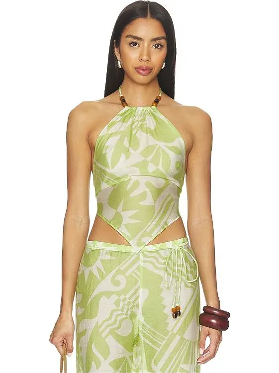 L'academie Nyra Halter Top - Green Riviera Abstract