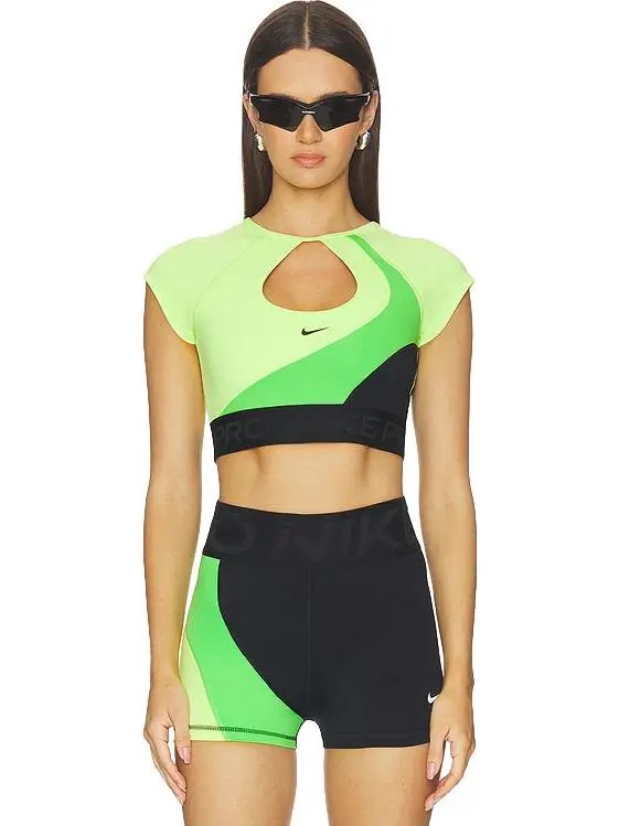 Nike Medium Support Padded Short Sleeve Sports Bra Top In Black,green - Mean Green  Black  Light Lemon Twist  &
