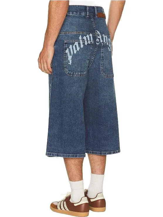 Palm Angels Curved Logo Denim Skater Shorts - Medium Blue
