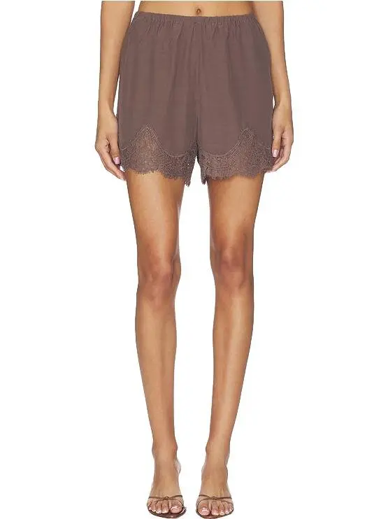 L'academie Lilah Lace Trim Shorts - Brown