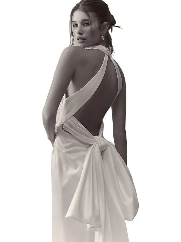 Watters Avery Gown: Halterneck Sheath With Open Back And Detachable Bow - Off-white