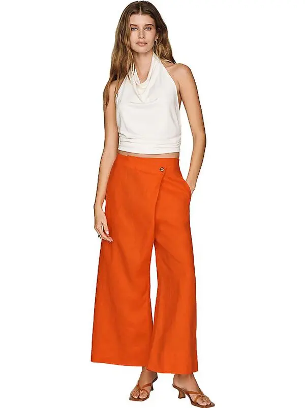 Anthropologie Linen Crossover Front Pants - Mandarin Red