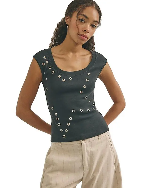 TRICIA FIX Embellished Ribbed Knit Tank Top - Navy