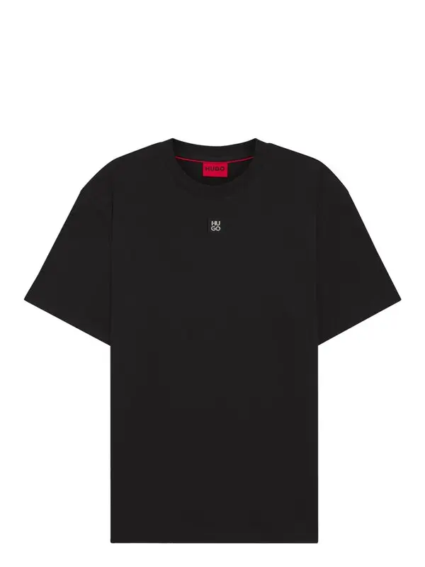 Hugo Interlock-cotton T-shirt With Metallic Stacked-logo Badge - Black