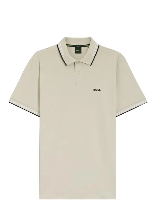 BOSS Stretch-cotton Slim-fit Polo Shirt With Branding And Stripes - Light Beige