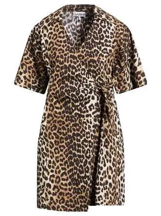 GANNI Leopard Print Organic Cotton Wrap Mini Dress - Beige