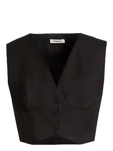 Sandro Tailored Vest In Linen, Cotton, And Elastane - Black