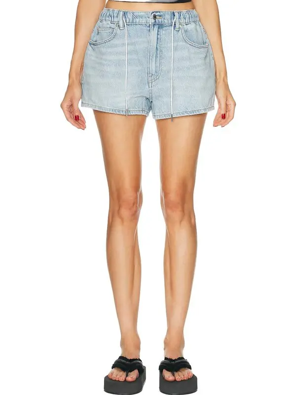 Alexander Wang Marathon Denim Shorts With Rhinestone Drawstring - Light Bleach