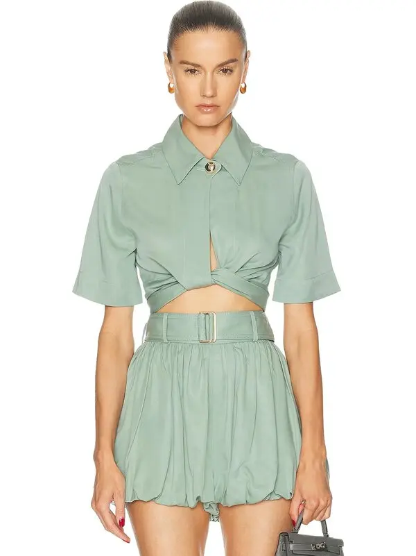 Matthew Bruch Collared Wrap Top - Dusty Teal