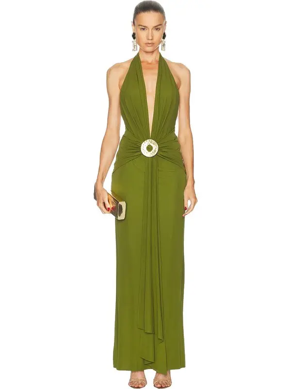 Cult Gaia Halterneck Maxi Dress With Gold-tone Hardware - Deep Pasture