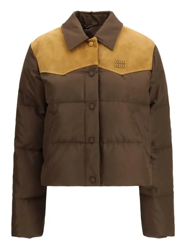 Miu Miu Logo Hooded Puffer Jacket - Brown