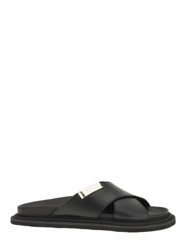 Moschino Leather Sandals With Gold Logo Plaque - Black