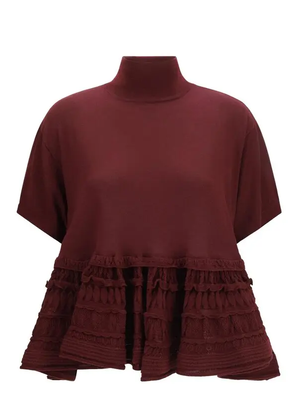 Alaïa Virgin Wool T-shirt With Peplum Hem - Bordeaux