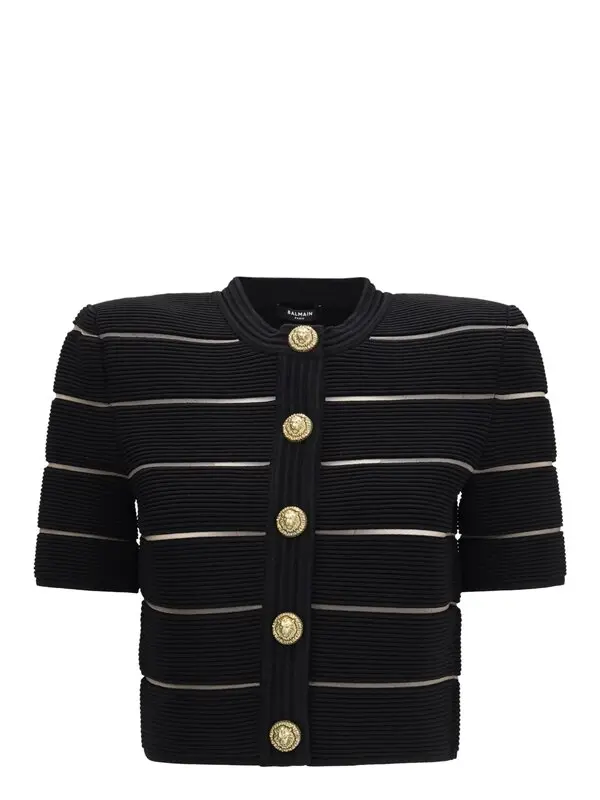 Balmain Ribbed Cardigan With Horizontal Stripes - Black
