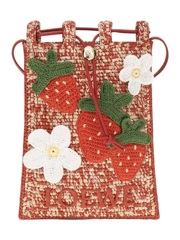 Loewe Raffia Pouch With Strawberry Applique - Red