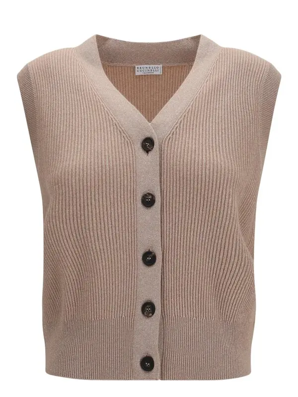 Brunello Cucinelli Ribbed V-neck Button-detailed Vest - Beige