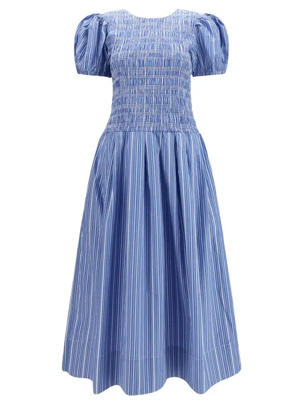 GANNI Striped Cotton Dress With Puff Sleeves - Light Blue