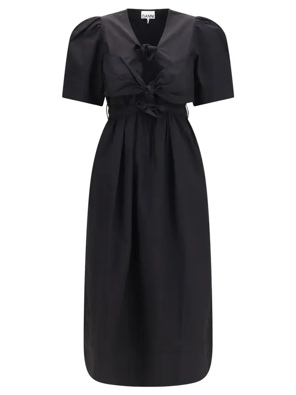 GANNI Midi Dress With Bows And Puff Sleeves - Black
