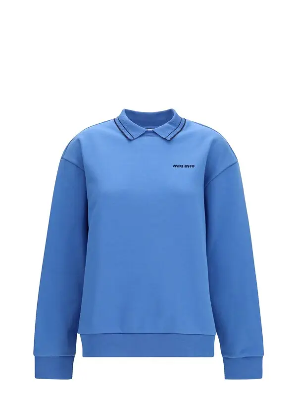Miu Miu Crewneck Sweatshirt With Embroidered Logo And Striped Collar - Light Blue