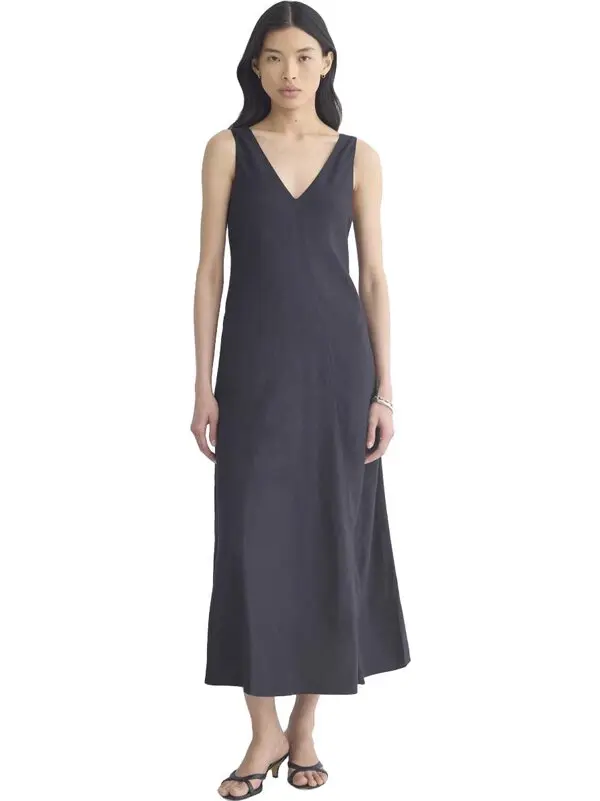 Everlane Deep V Seamed Midi Dress In Stretch Linen Viscose - Black