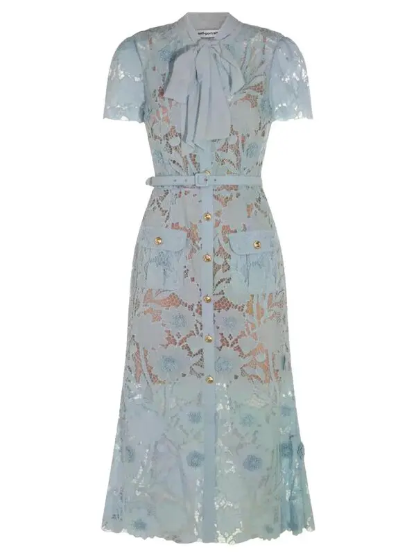SELF-PORTRAIT Belted Floral-lace Midi Dress - Blue