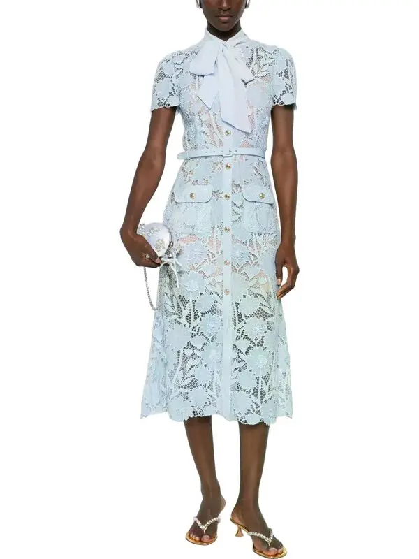 SELF-PORTRAIT Lace Midi Dress With Tie Neck - Blue