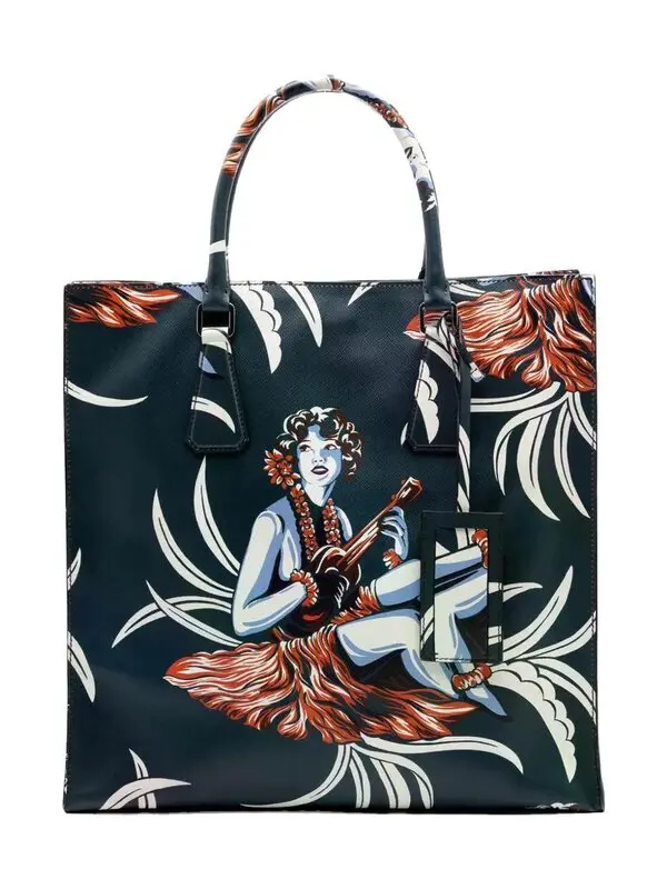 Prada Saffiano Hawaiian Print Tote Bag - Green