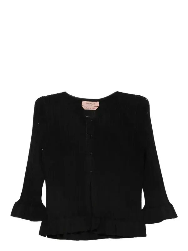 TWINSET Ribbed-knit Cardigan With Ruffled Trim - Black