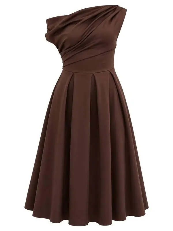 GIRL IN MIND Asymmetric Neckline Skater Midi Dress - Brown