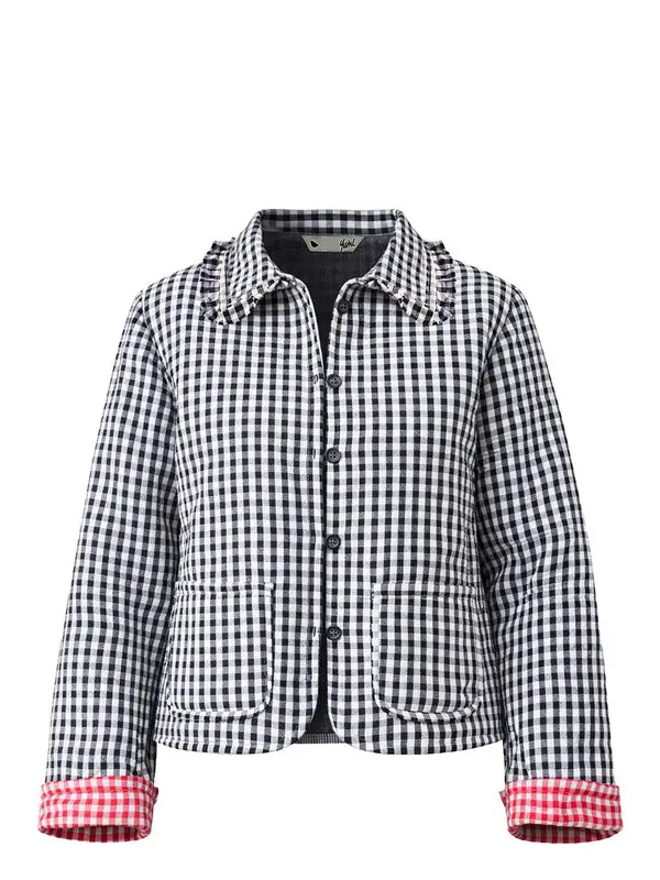 YUMI Gingham Check Quilted Jacket With Frill Collar - Black