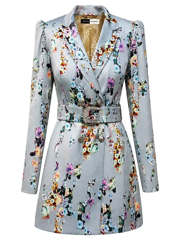 RICHA SHARMA Handcrafted Duchess Satin Blazer Dress With Floral Print - Silver/yellow