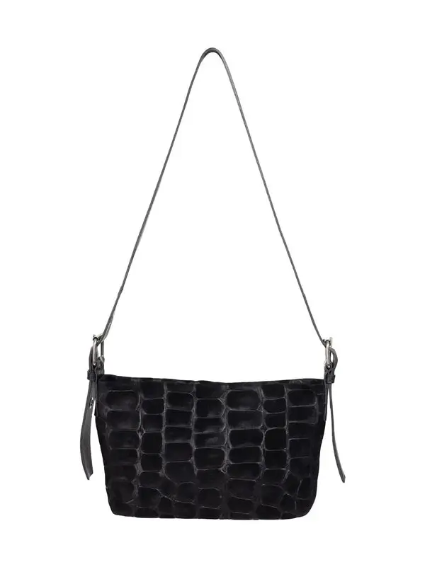 JUAN-JO Embossed Suede Leather Crossbody Bag - Black