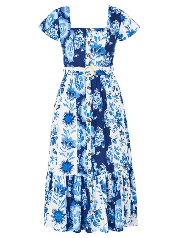 YUMI Floral Viscose Midi Shirt Dress With Matching Belt - Blue