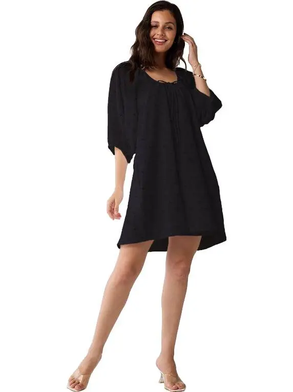 REISTOR Puff Sleeve Dress With Drawstring Neckline - Black