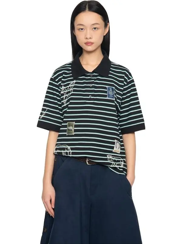 Sea Winslow Striped Embroidered Polo Top - Black