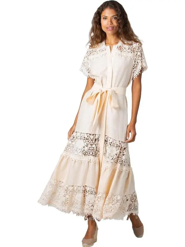 Miguelina Bethany Linen Dress With Bleeding Hearts Trim - Neutral