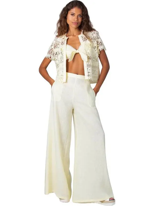 Miguelina Alanis Linen Blouse With Bleeding Hearts Trim - Yellow