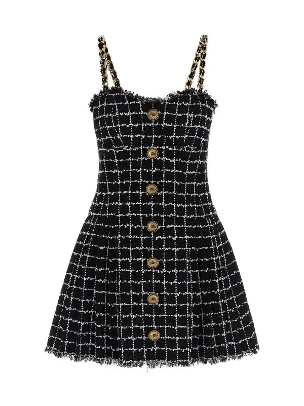Balmain Tweed Mini Dress With Chain Straps - Black