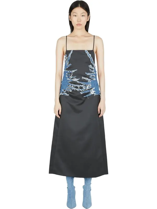 Y/project Satin Dress With Distressed Denim Panels - Black