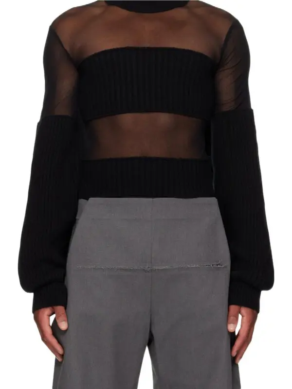 JEAN PAUL GAULTIER Ribbed Knit And Sheer Mesh Cropped Sweater - Black