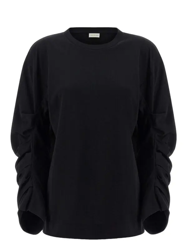 Dries Van Noten Long-sleeve Crew-neck T-shirt With Pleated Sleeves - Black