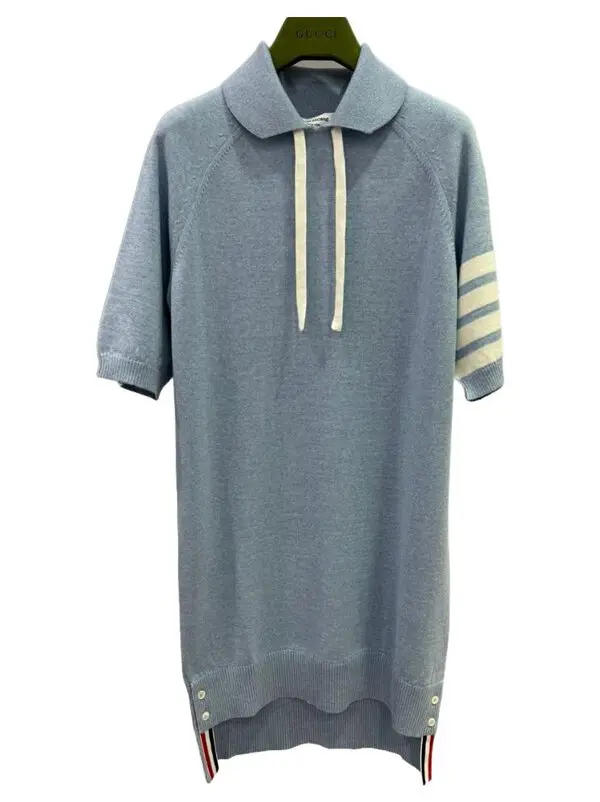Thom Browne Striped Detail Knitted Short-sleeve Dress With Drawstring And Hood - Light Blue