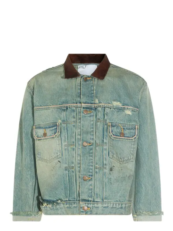 PALY HOLLYWOOD Distressed Denim Jacket With Leather Collar - Gray